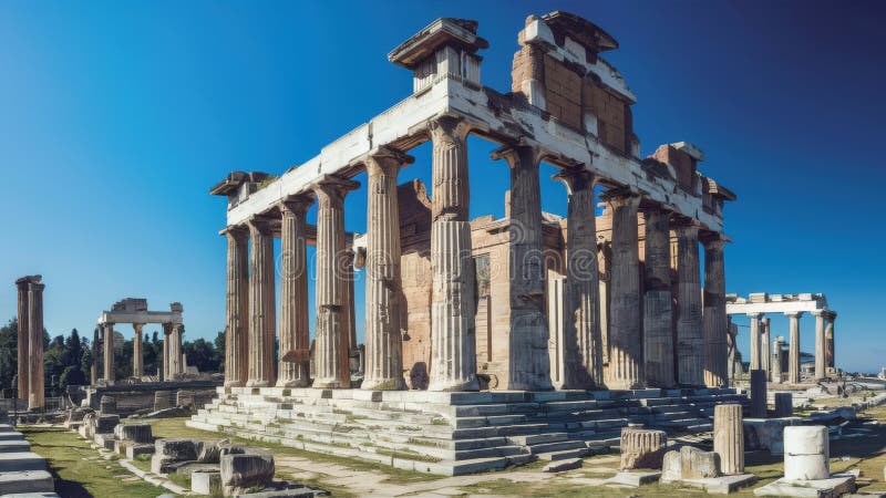 A Large Antic Classical Ruins with Columns and a Blue Sky, AI Stock ...