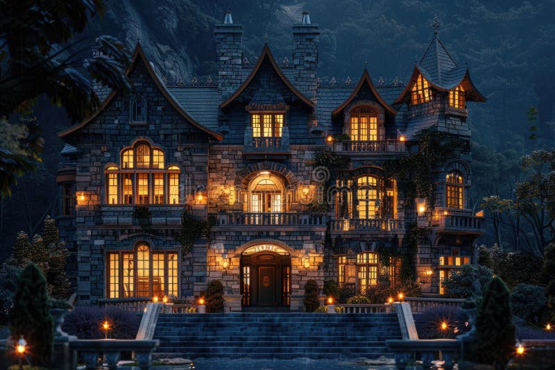 A Large Stone Building with Lit Up Windows at Night Stock Photo - Image ...