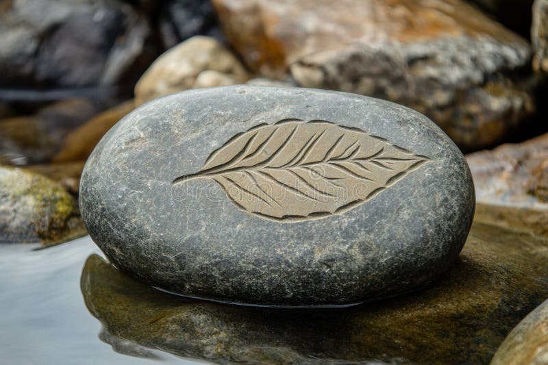 Large Stone with Carved Leaf Pattern Rests Peacefully by the Water ...