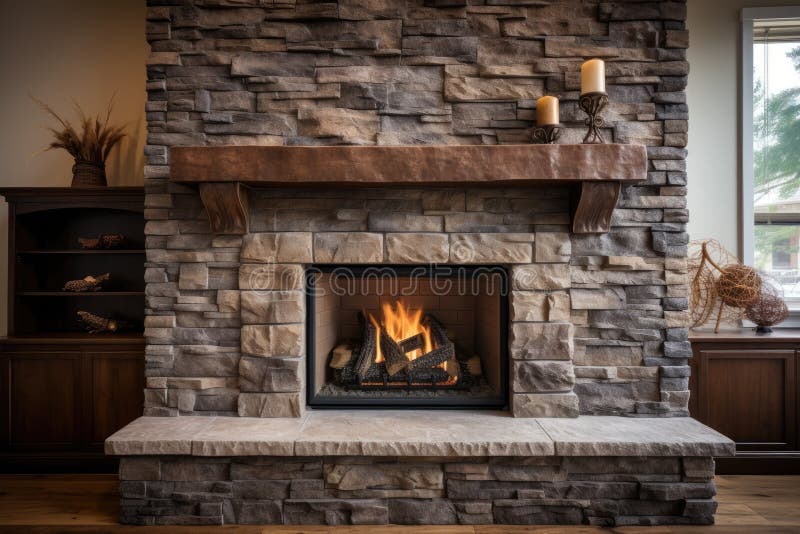 A Large Stone Fireplace with Blazing Flames Stock Illustration ...