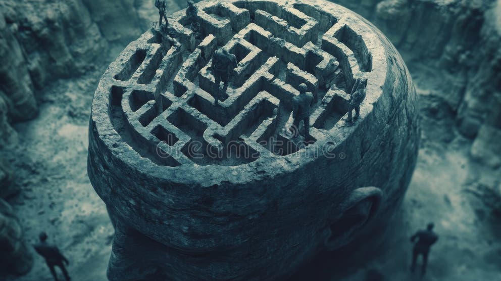 Large Stone Head with Maze and Human Figures Stock Illustration ...