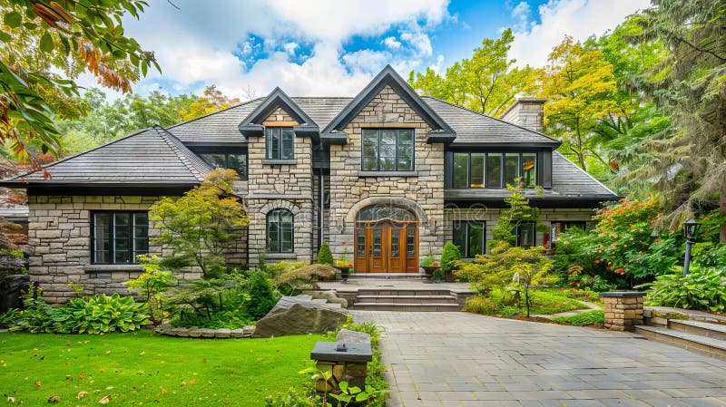 A Large Stone Home with a Driveway and Walkway Stock Photo - Image of ...
