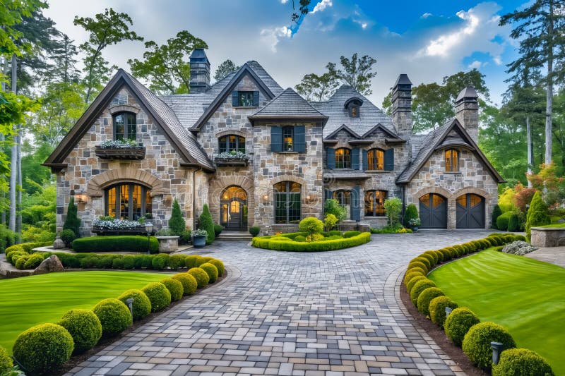 A Large Stone House with a Driveway in Front of it Stock Photo - Image ...