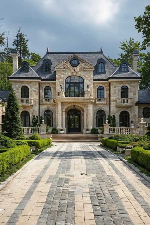 A Large Stone Mansion with a Driveway Leading To the Front Door Stock ...