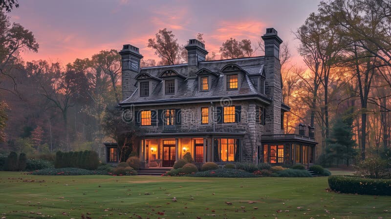 Stone Mansion at Dusk with Illuminated Windows in a Wooded Setting ...