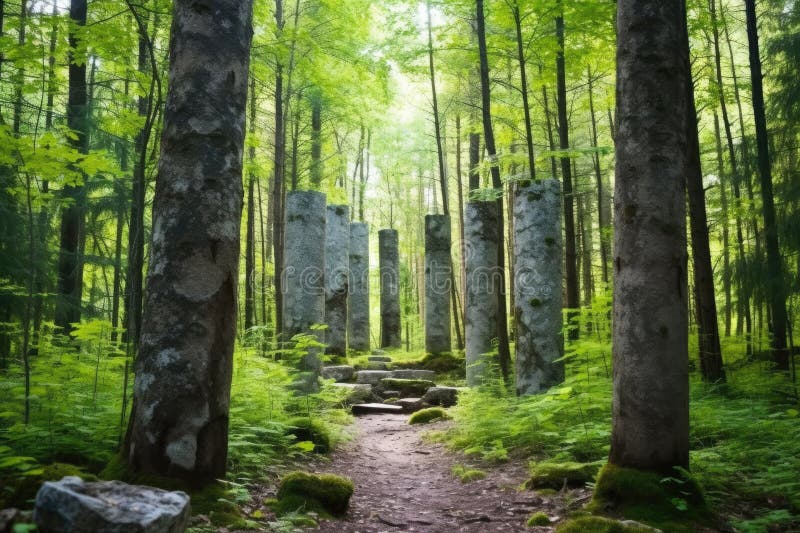 Large Stone Pillars in a Dense Pine Forest Stock Image - Image of ...