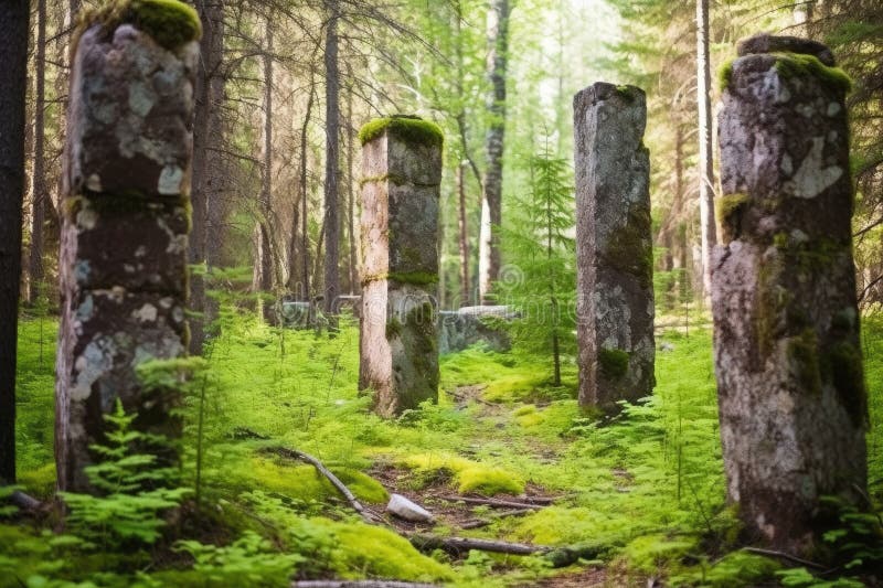 Large Stone Pillars in a Dense Pine Forest Stock Photo - Image of dense ...