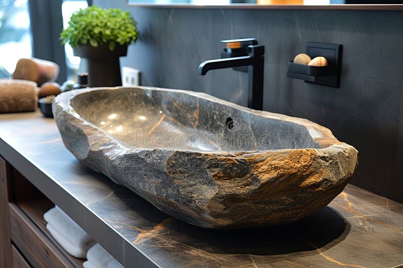 Large Stone Sink Sits on a Countertop in a Bathroom Stock Illustration ...