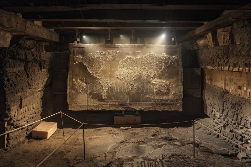 A Large Stone Slab with a Chiseled World Map is Hung in a Dark, Ancient ...