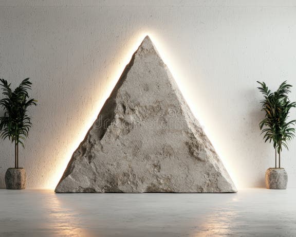 A Large Stone Triangle with Glowing Edges Sits between Two Potted ...