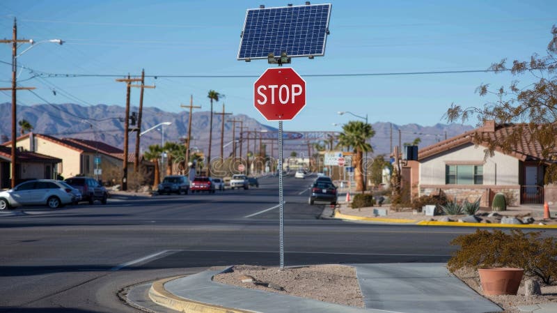 A Large STOP Sign at a Busy Intersection Powered by a Solar Panel on ...