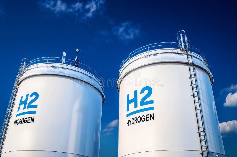 Large Storage Tanks with H2 and HYDROGEN Labels on a Blue Sky ...