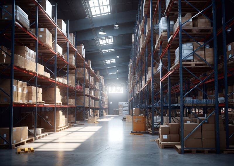 Large Storage Warehouse with Forklift and Tall Shelves Racks.Wide View ...