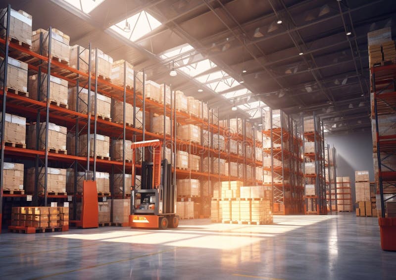 Large Storage Warehouse with Forklift and Tall Shelves Racks.Wide View ...