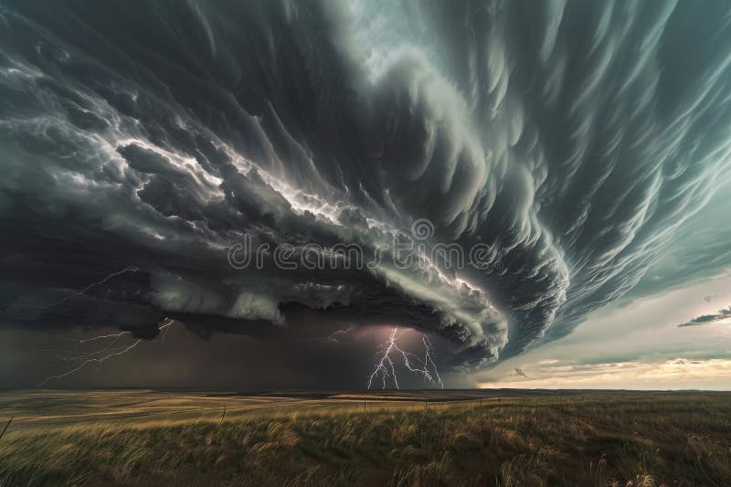 A Large Storm Cloud Dominates the Sky, with Streaks of Lightning ...