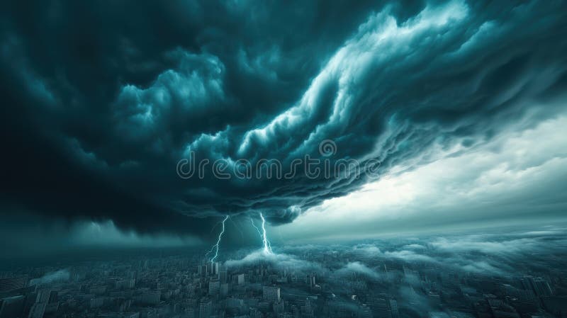 A Large Storm Cloud Over a City with Lightning in the Distance, AI ...