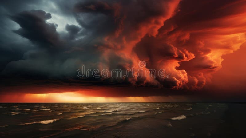 A Large Storm Cloud Over the Ocean with a Bright Orange Sky, AI Stock ...