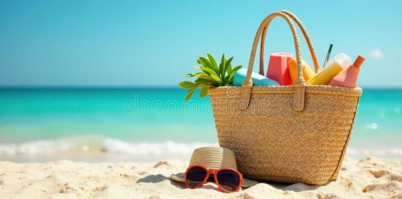 Large Straw Beach Bag Overflowing with Summer Essentials , Bright ...
