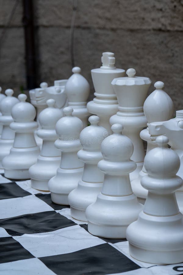 Large Street Chess, only White Pieces Against Background of Stone Wall ...