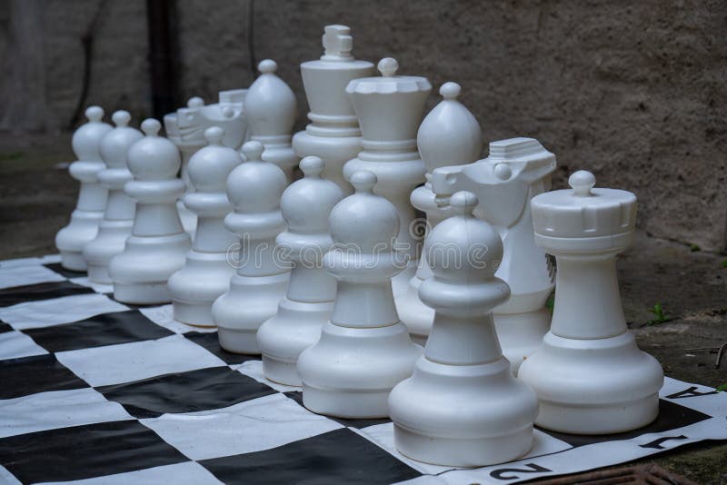 Large Street Chess, only White Pieces Against Background of a Stone ...