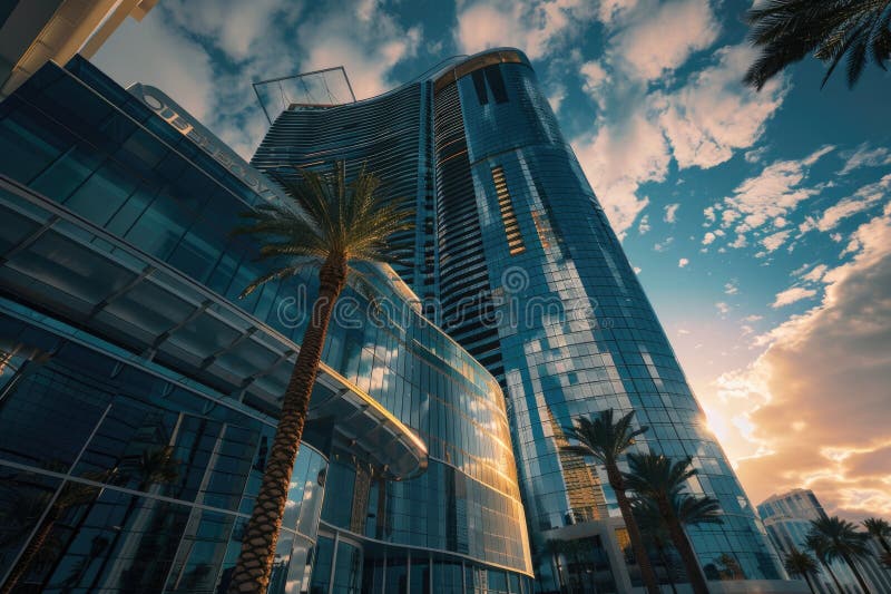 A Large Structure with a Single Palm Tree Standing in Front, Possibly ...