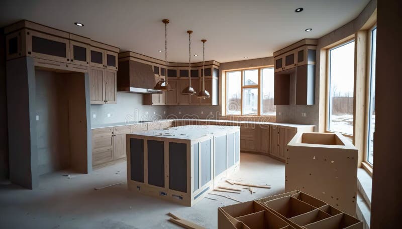A Large and Stylish Kitchen Under Construction in a New House ...