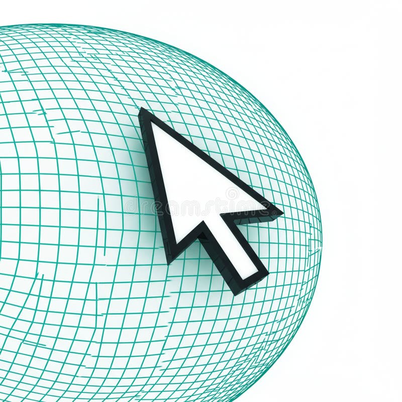 A Large, Stylized Computer Cursor Arrow Overlays a Green Wireframe Globe on a White Stock ...
