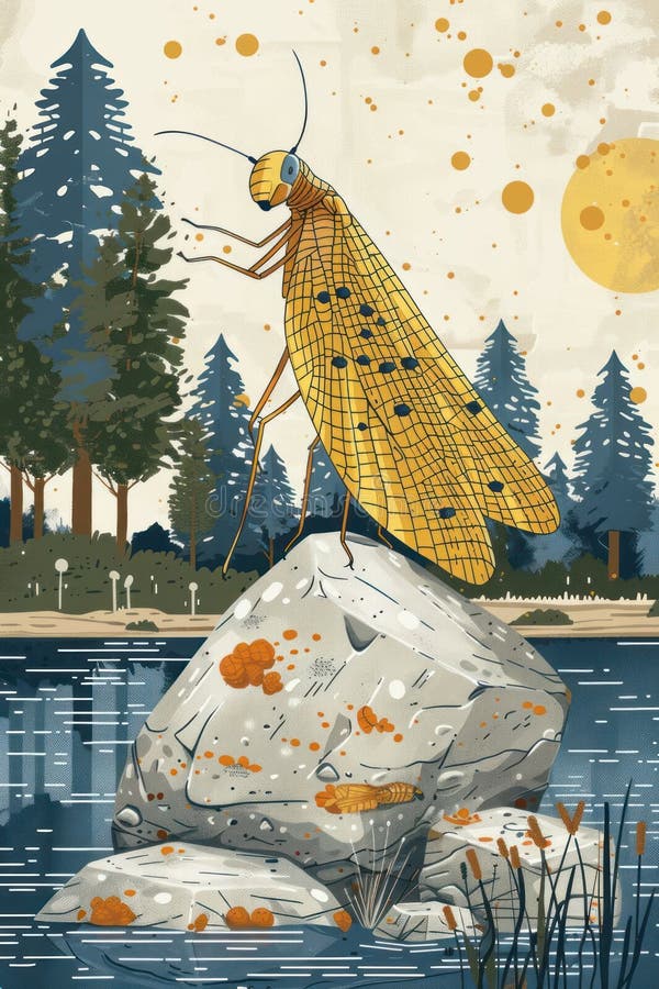 Golden Insect on a Rock by the Lake Stock Illustration - Illustration ...
