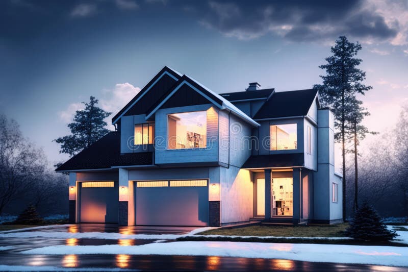 Large Suburban House with Lighted Windows in Forest Created Using ...