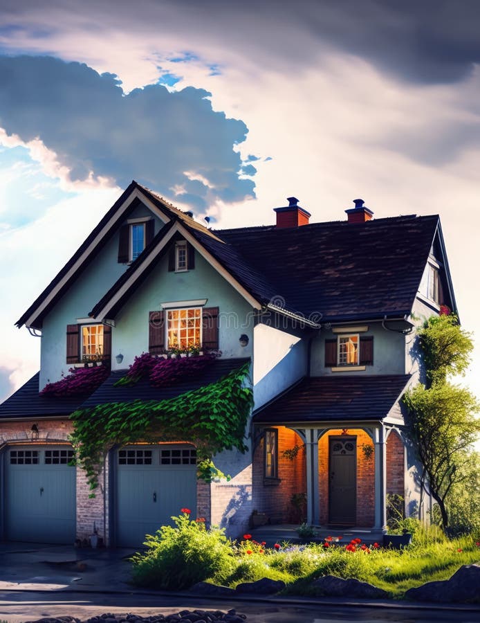 Large Suburban House with Lit Windows Over Sky with Clouds Created ...