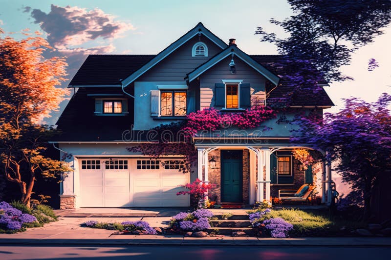 Large Suburban House with Lit Windows and Plants Next To Road Created ...