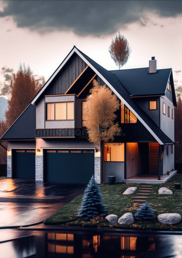 Large Suburban House with Lit Windows and Plants Next To Road Created ...