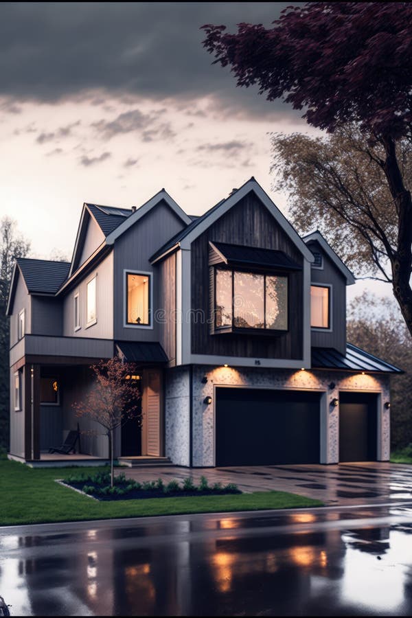 Large Suburban House with Lit Windows and Plants Next To Road Created ...