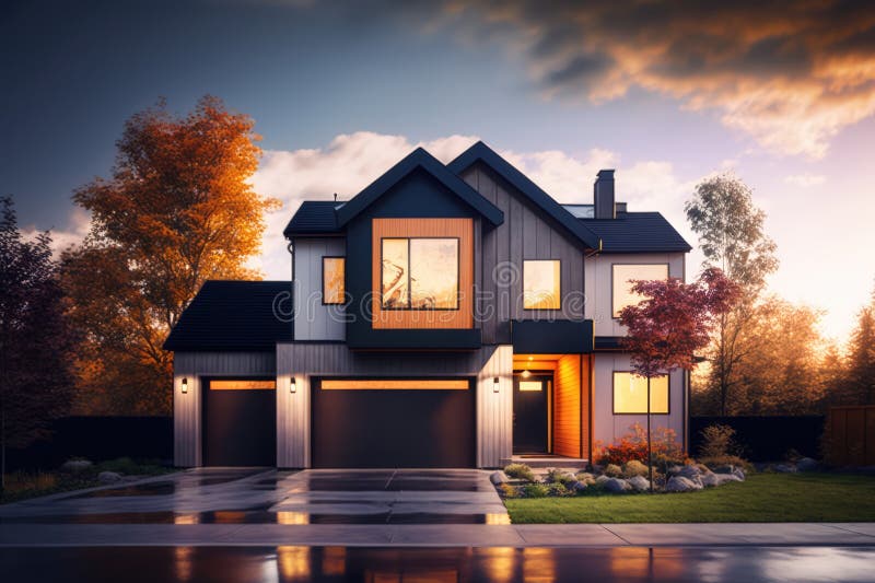 Large Suburban House with Lit Windows and Plants Next To Road Created ...