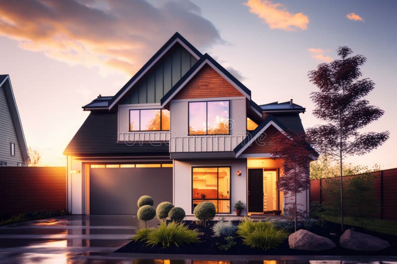 Large Suburban House with Lit Windows and Plants Next To Road Created ...