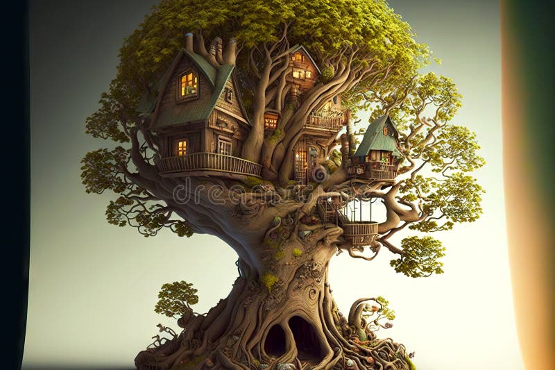 Large Summer Oak Tree with Tree House Stock Illustration - Illustration ...