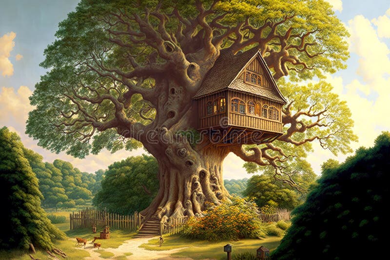 Large Summer Oak Tree with Tree House Stock Photo - Image of fairy ...