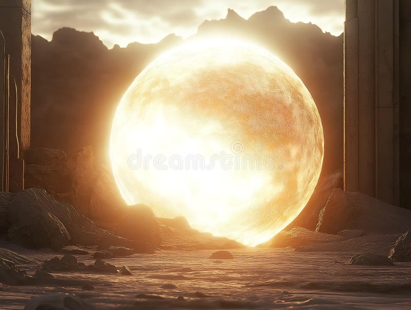 Large Sun Over Landscape, Rocky Formations, Warm Light, Dramatic Scene ...