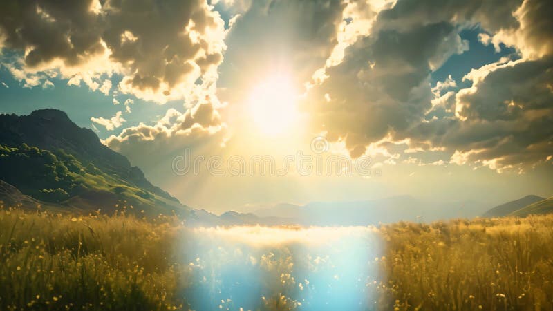 Large Sun Rays Penetrating Thick Clouds in a Surreal Landscape, a ...