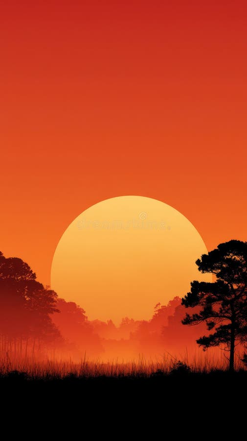 Large Sun Sets Behind Silhouette of Trees, Creating Warm, Serene ...