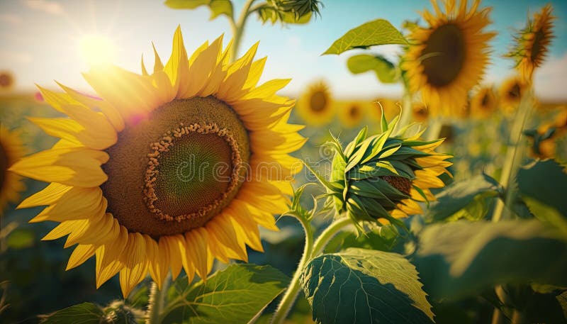 A Large Sunflower in a Field of Sunflowers. Generative Ai Stock ...