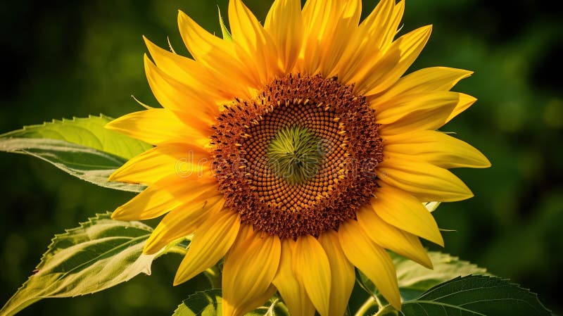 A Large Sunflower with a Green Center Surrounded by Leaves Stock ...