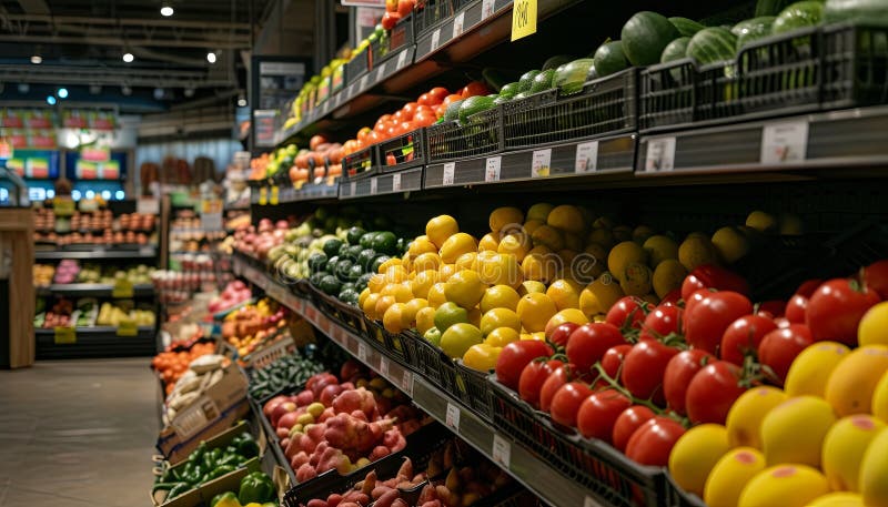 A Large Supermarket Has a Wide Aisle Full of Fruit and Vegetables Stock ...