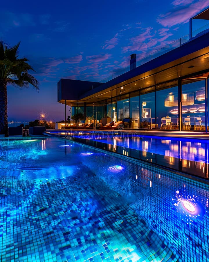 A Large Swimming Pool with Blue Lights Stock Photo - Image of swimming ...