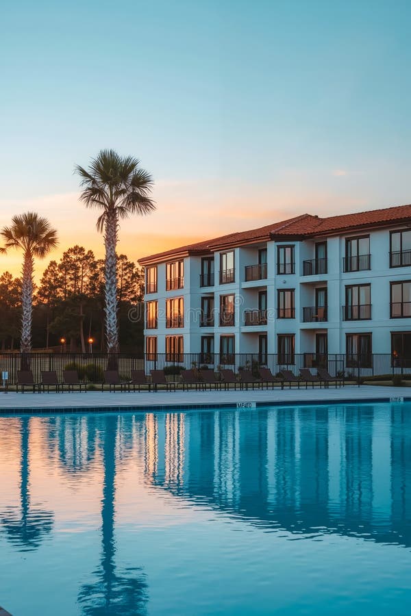 A Large Swimming Pool in Front of a Building with Palm Trees Stock ...