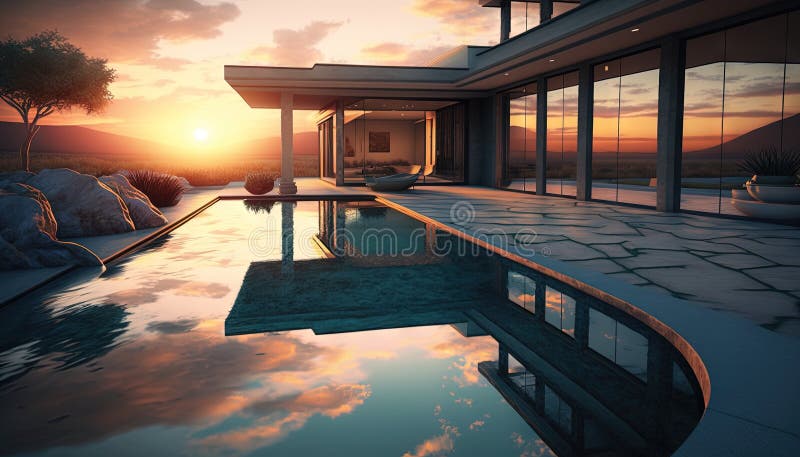 A Large Swimming Pool in Front of a House at Sunset. Stock Illustration ...