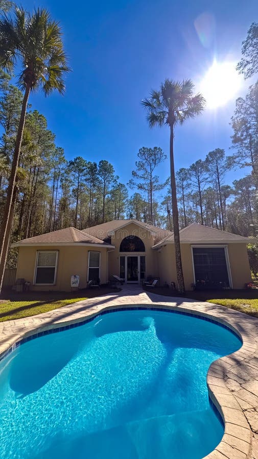 A Large Swimming Pool in Front of a House Surrounded by Palm Trees ...