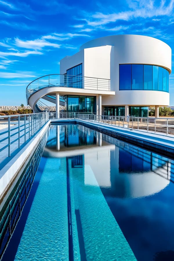 A Large Swimming Pool in Front of a Modern Building Stock Image - Image ...