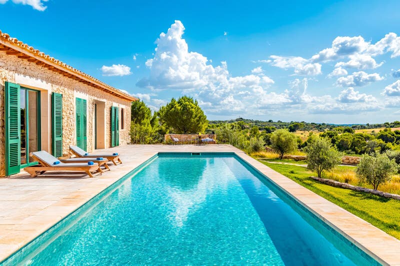 A Large Swimming Pool in Front of a Stone House with Green Shutters ...