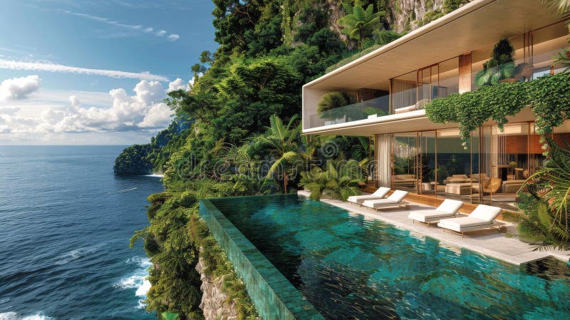 Large Swimming Pool Next To Ocean Stock Photo - Image of sunny, deck ...